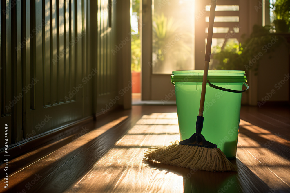 A clean bucket and dustpan rest on an immaculate floor in a cleaning ...