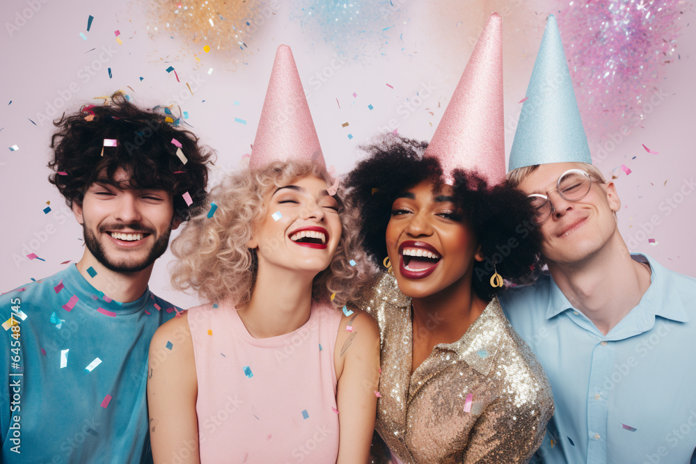 candid party photo of friends on a pastel pink background with confetti ...