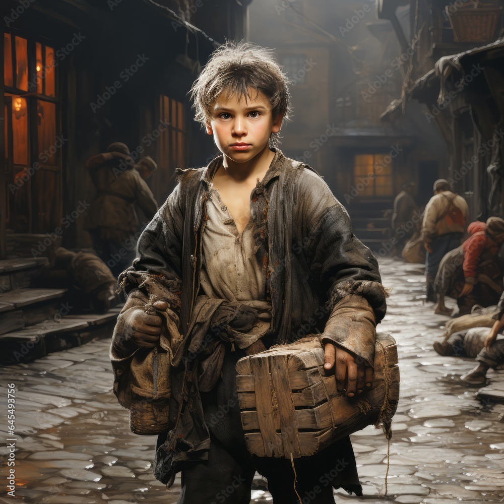 young homeless boy poor child during the victorian times, dark hair and ...