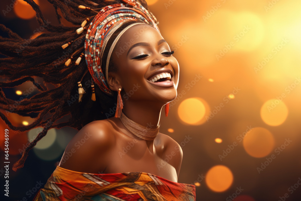 Beautiful Happy Smiling African Woman Dancing With Flying Braids Stock