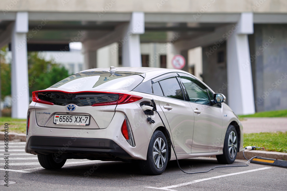 Minsk, Belarus. Aug 27, 2023. Toyota Prius Prime hybrid electric car ...