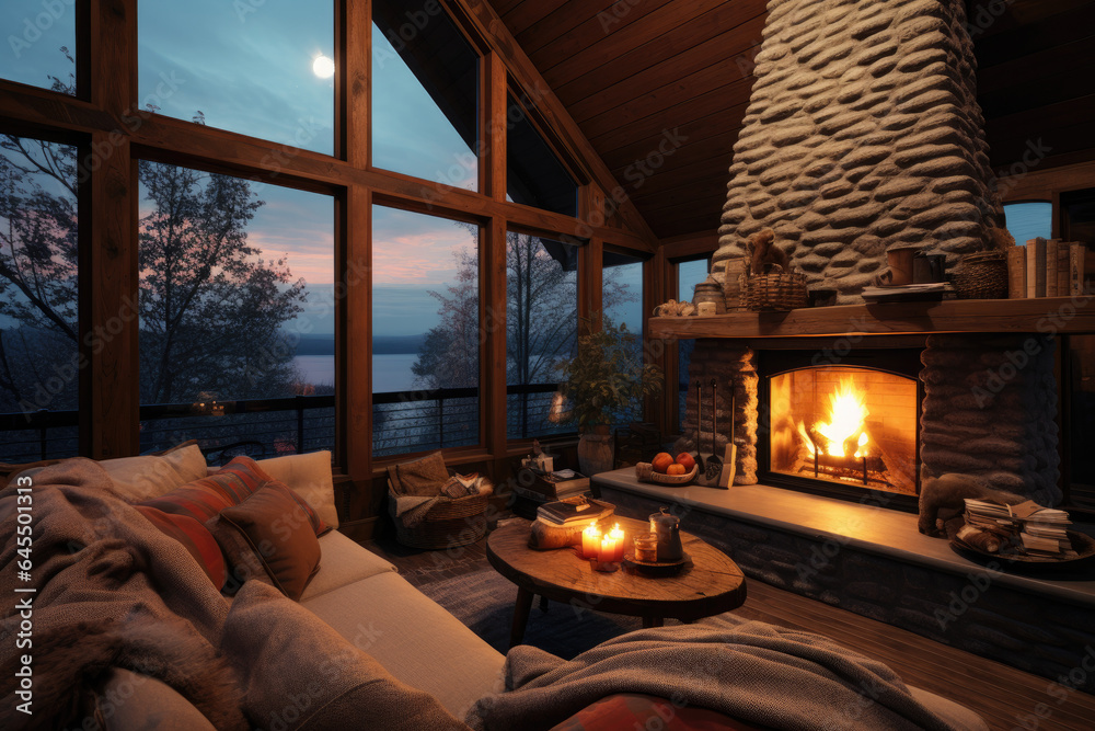 Cozy cabin interior with a roaring fireplace and views of a scenic ...