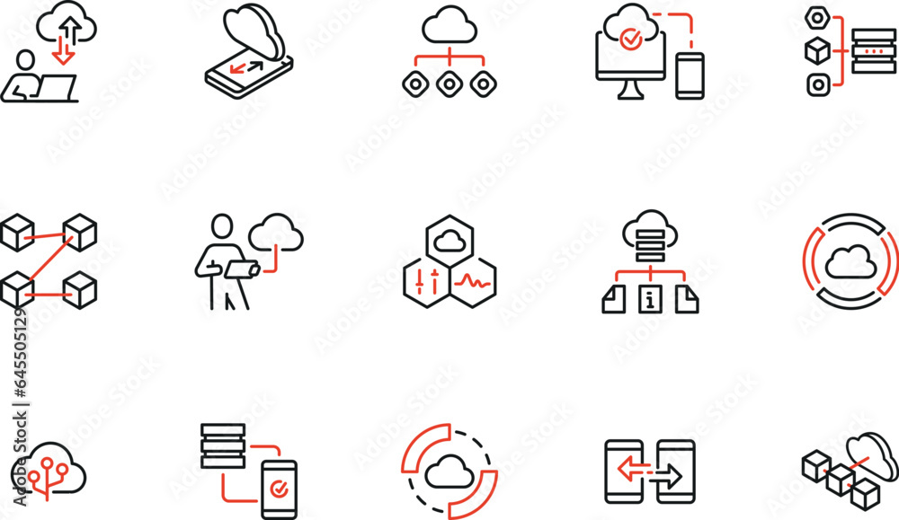 Vector set of linear icons related to network cloud service, cloud ...