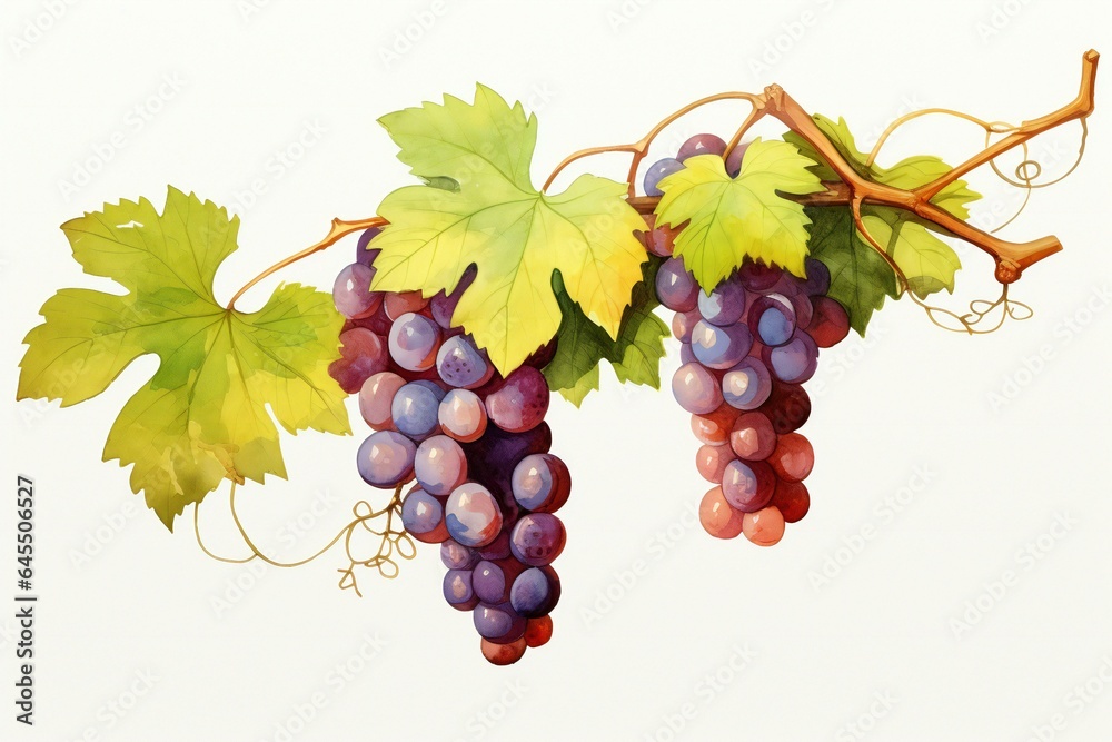 Watercolor grapevines with mature grapes and trailing branches isolated on white background ...