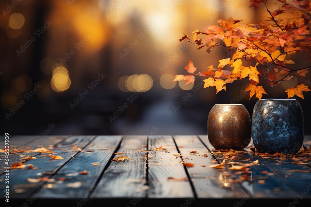 Autumn Table background with Yellow Leaves And Forest Stock Photo ...