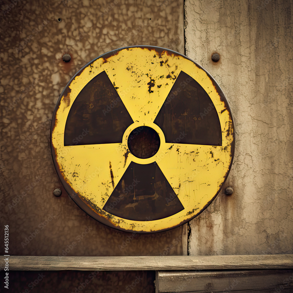 Nuclear radioactive round yellow danger symbol painted on a massive ...