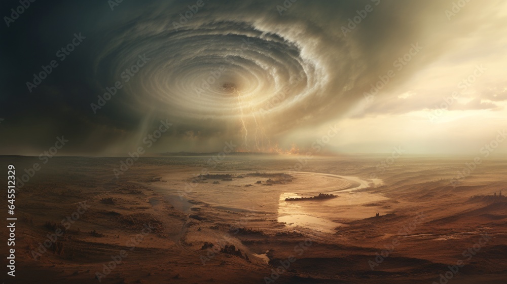 a massive dust devil spiraling across a barren landscape, with the ...