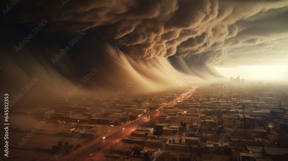 a massive dust storm engulfing a desert city, with the swirling clouds ...