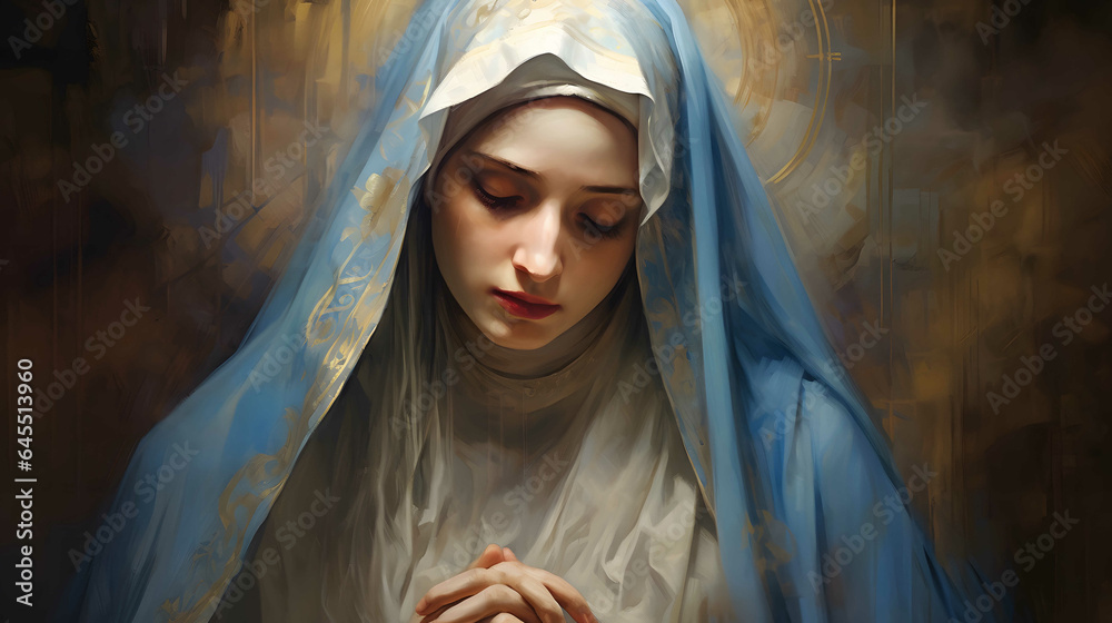 Virgin Mary, religious painting illustration. The image of the Blessed ...