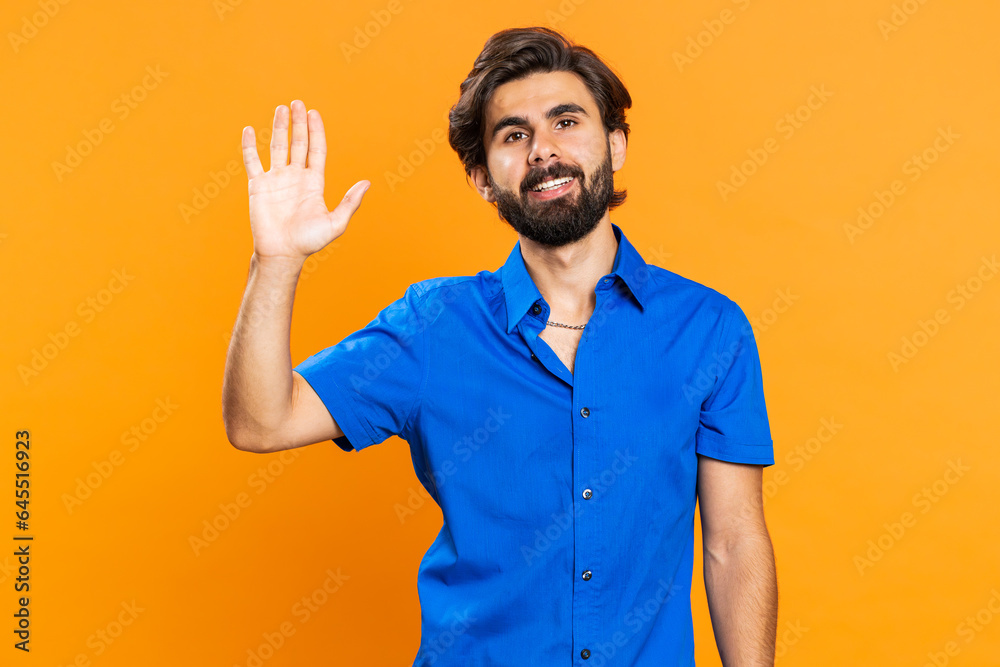 Come here, join us. Welcome. Attractive man showing inviting gesture ...