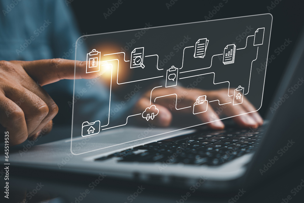 Digital concept, Businesswoman pointing to modern screen with Document ...