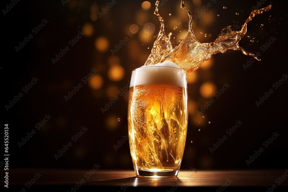 Glass or mug with chill, foamy lager beer with a splash on black ...