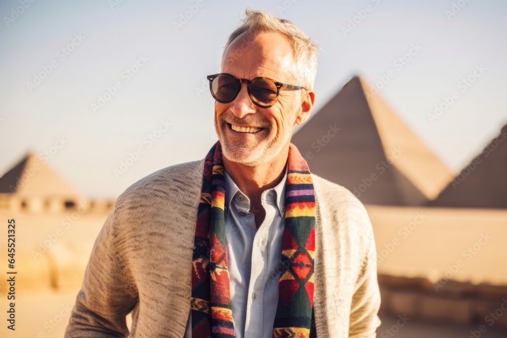 Close-up portrait photography of a pleased man in his 50s that is wearing a chic cardigan in ...