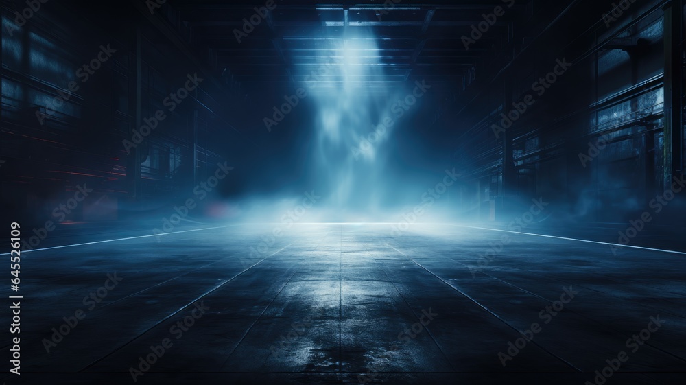 Night street with blue neon lights and smoke, wet asphalt road, dark ...