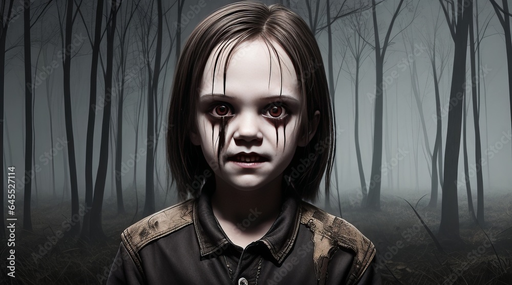 Scary Horror Kid Background. Frightening Child in a Haunted Forest ...