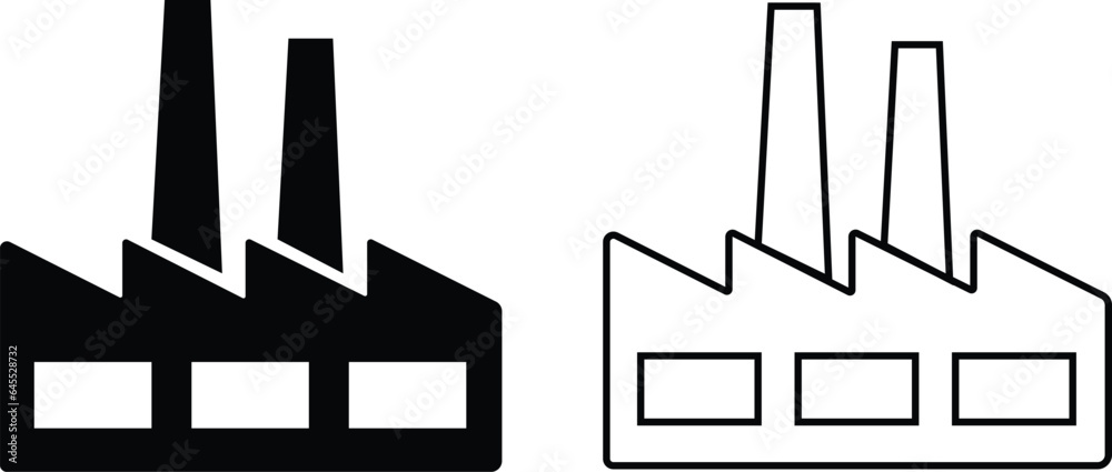 Factory icons set. industrial buildings pictogram. Black silhouettes of ...