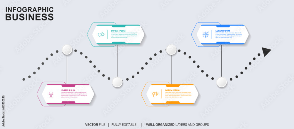 Line step infographic. 4 options workflow diagram, arrow timeline ...