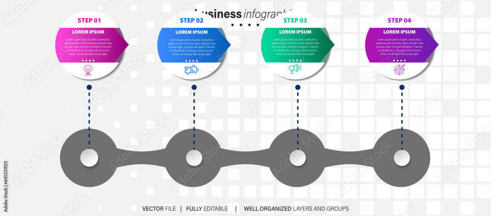 Line step infographic. 4 options workflow diagram, circle timeline ...