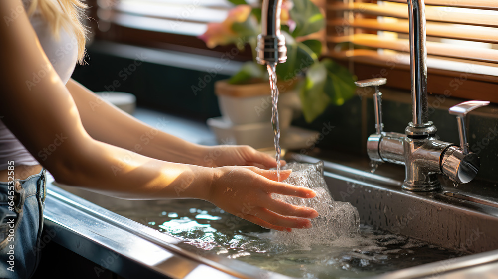 Housewife Washing Hands After washing dishes in at the kitchen sink ...