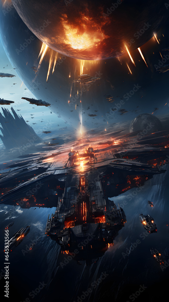 Futuristic space battle scene, aspect-ratio 9:16, mobile background ...