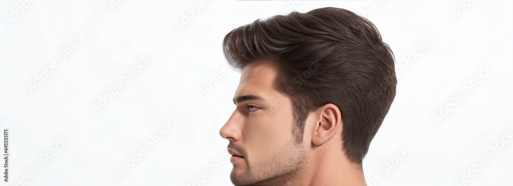 Upper body of male model face backwards on plain white background from ...