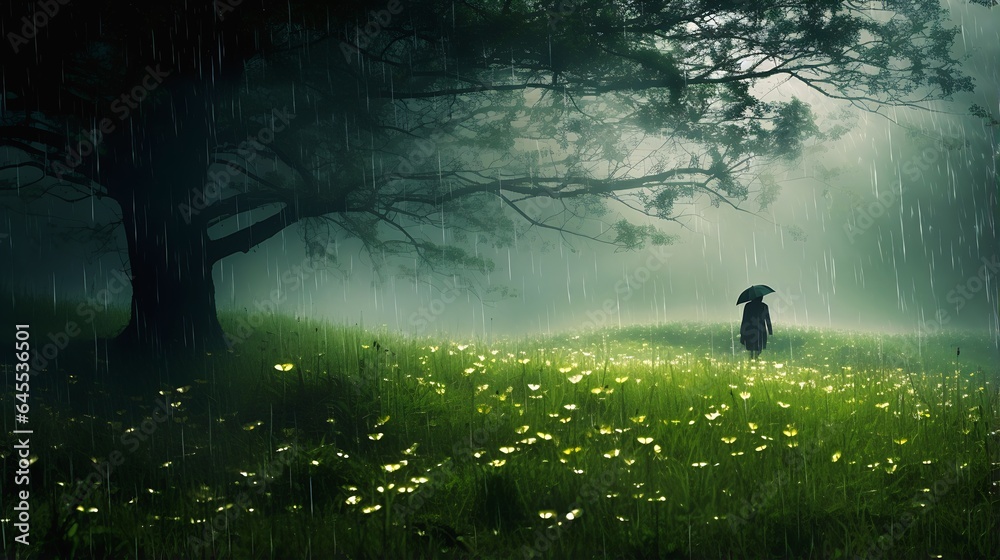 person standing field umbrella breathtaking gloom walking forest kindness falls rain night day ...