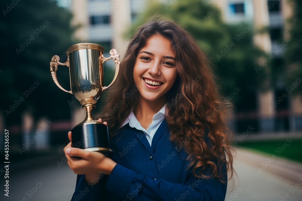 Generative AI : Cheerful student showcasing a won trophy, symbolizing ...