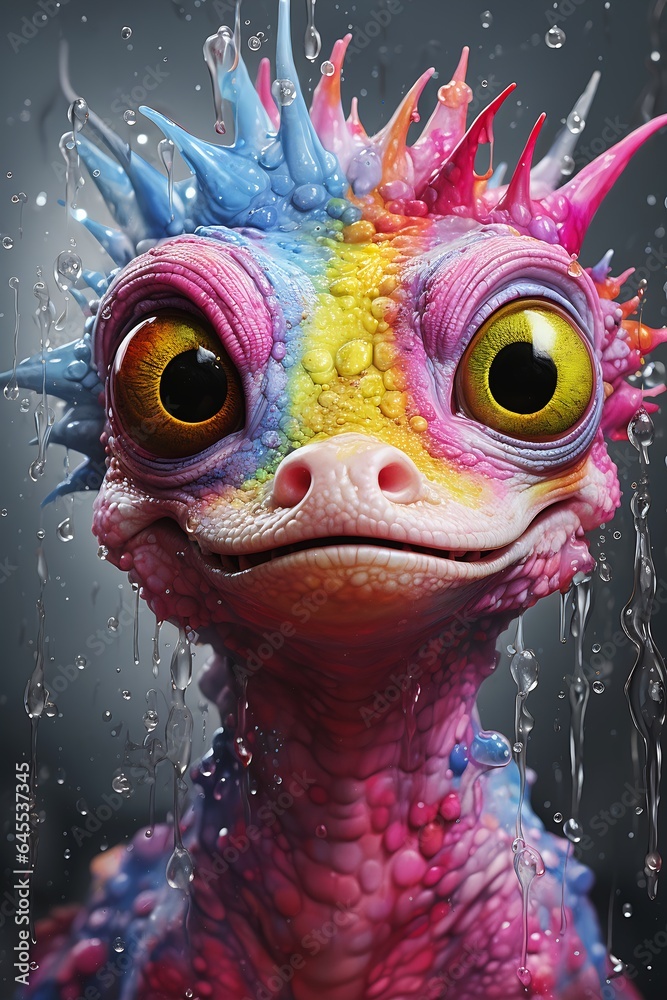 closeup lizard spiky hair big eyes wet make anthropomorphic bird ...