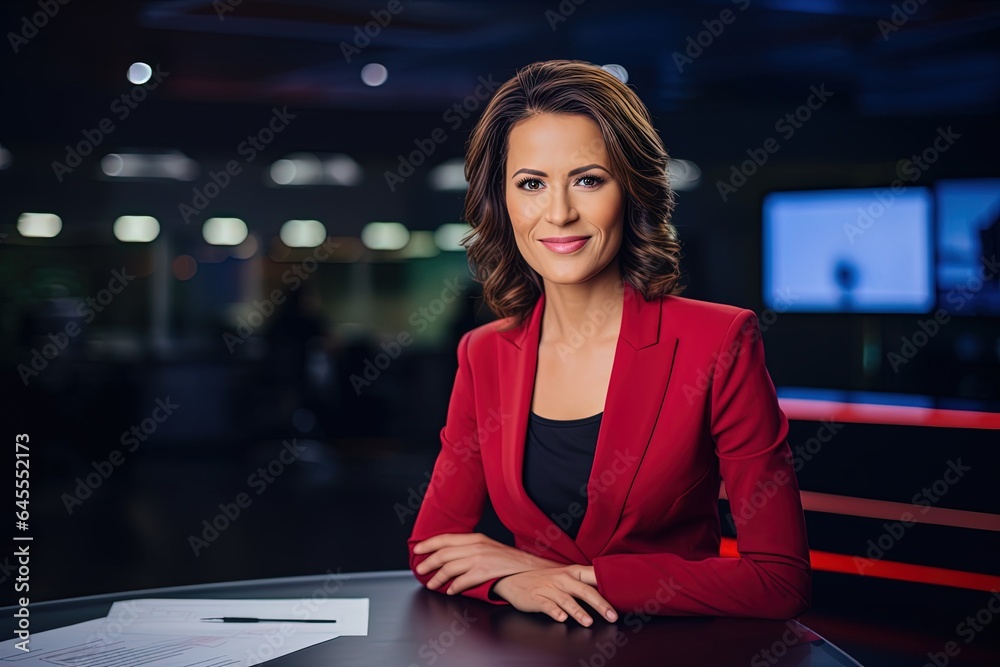 Female newsreader reporting live in the television. Stock Photo | Adobe ...