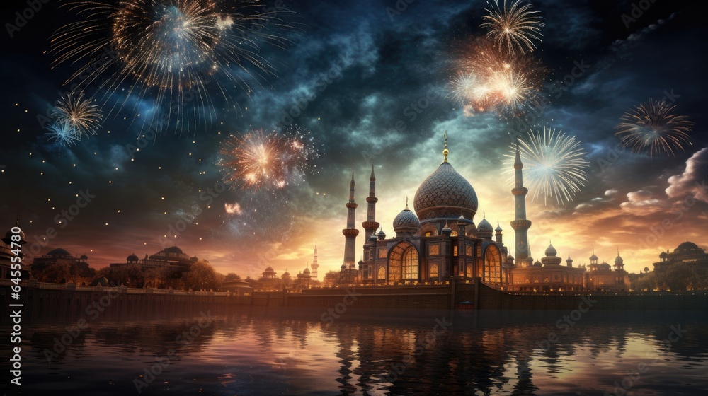 Islamic new year fireworks night background, mosque in the night ...