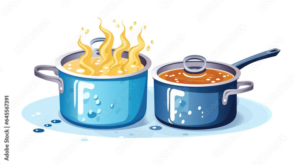 Cooking pot and pan. Boiled water in pots, pasta in saucepan and ...