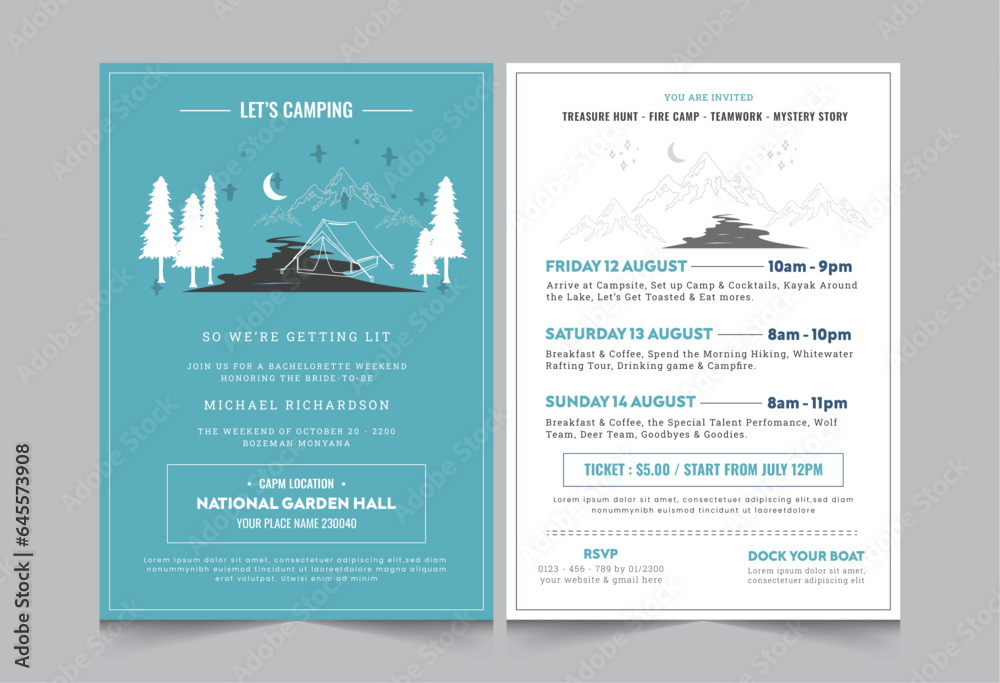 Weekend activity layout template, Camping night or day invitation flyer ...