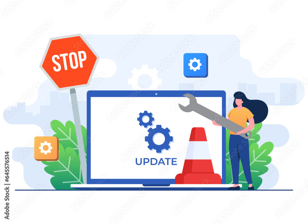 Laptop computer with software update screen flat vector illustration, System maintenance, update ...
