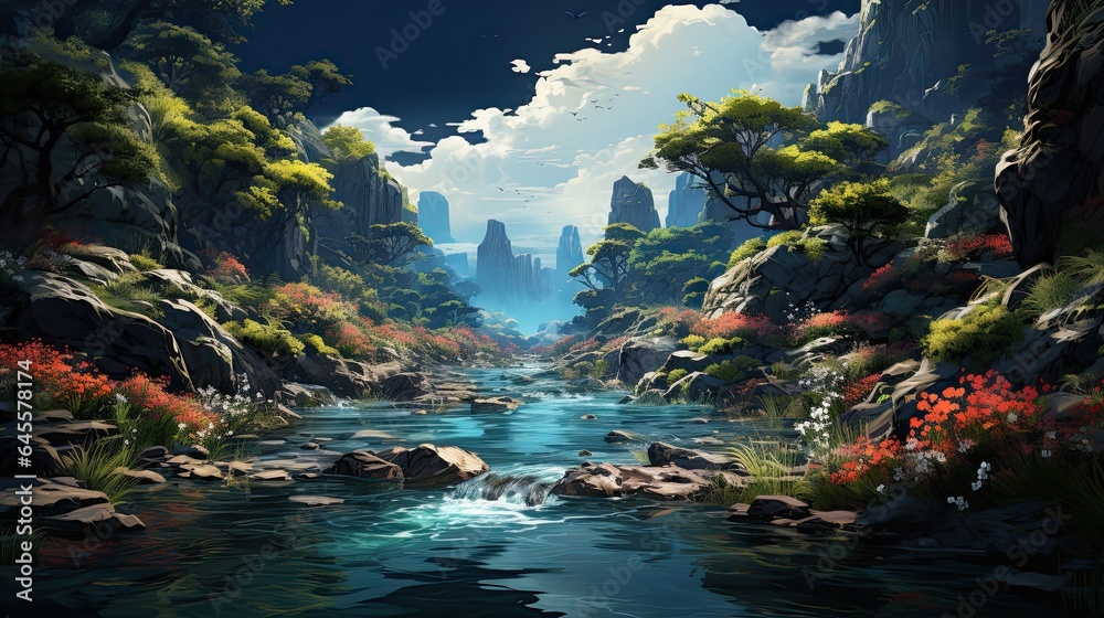 water flow illustration and other natural elements in an artistic ...