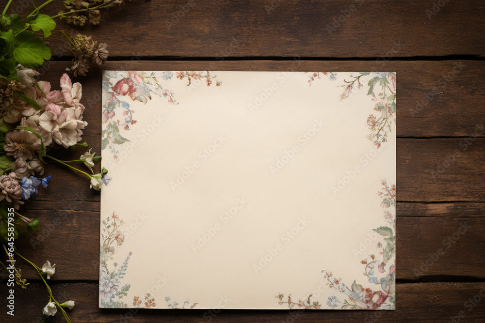 Blank paper and flowers on country rustic wooden table background for ...