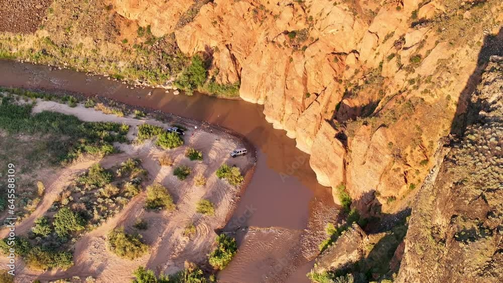 Aerial Virgin River St George Utah truck. Red stone mountain landscape ...