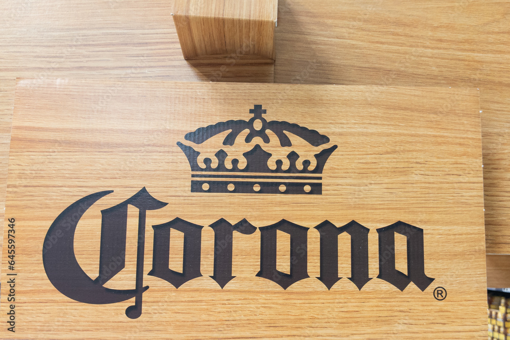 Corona Extra Beer logo brand and text sign on wooden market panel ...