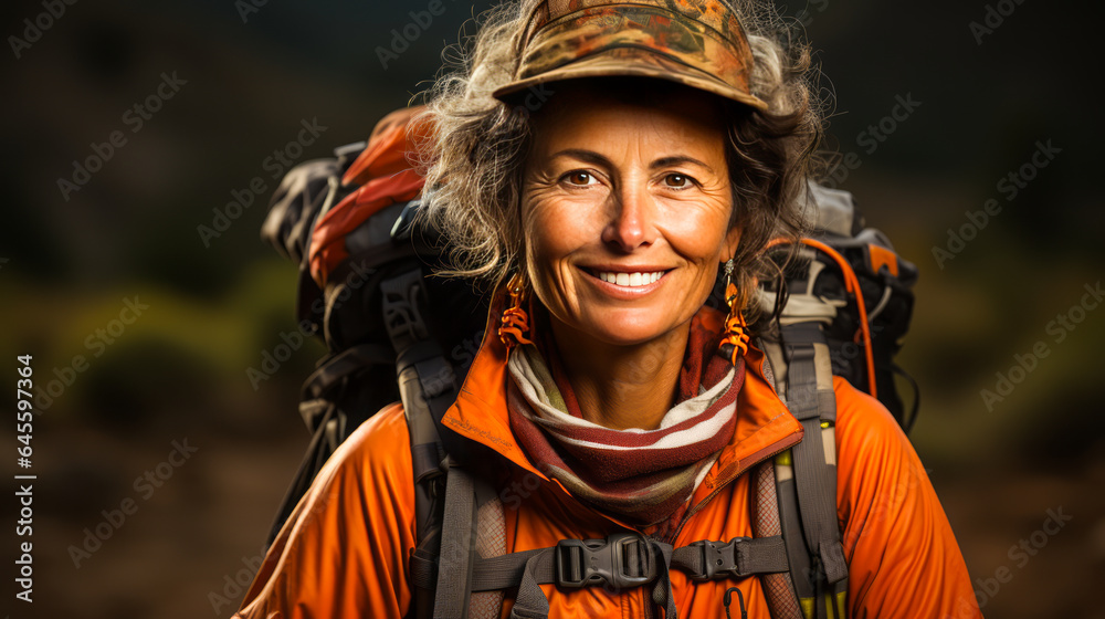 Invigorating portrayal of a vibrant 50-year-old woman in hiking gear ...