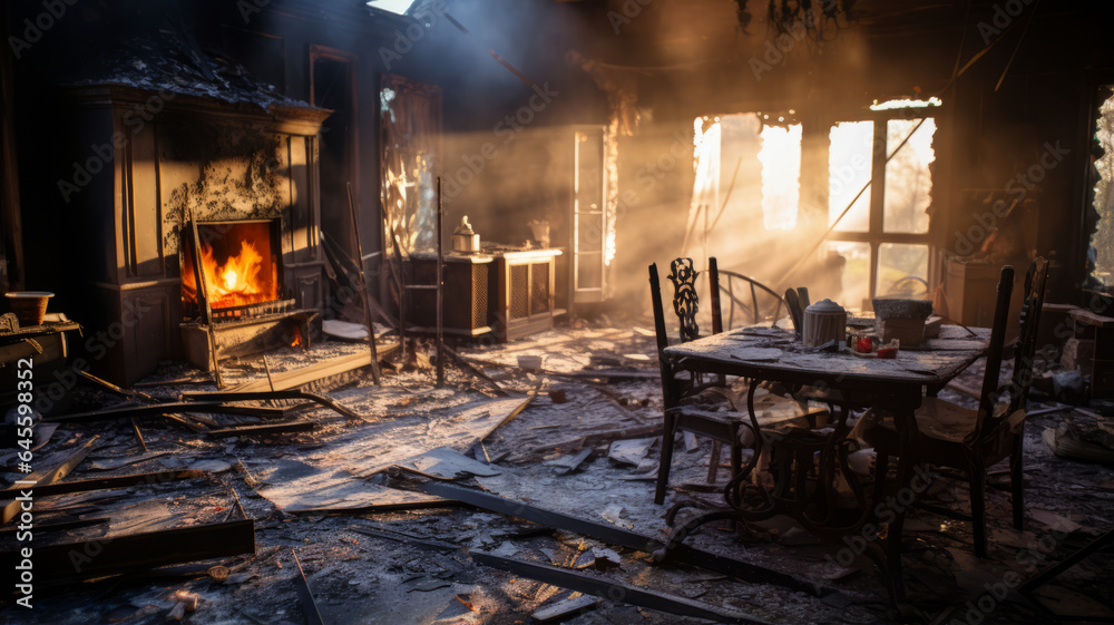 photograph of Aftermath of a house fire. Ruined house interior in ...