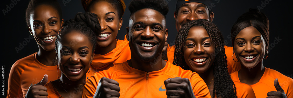 Motivating fitness instructor in colorful attire raises a foam finger ...