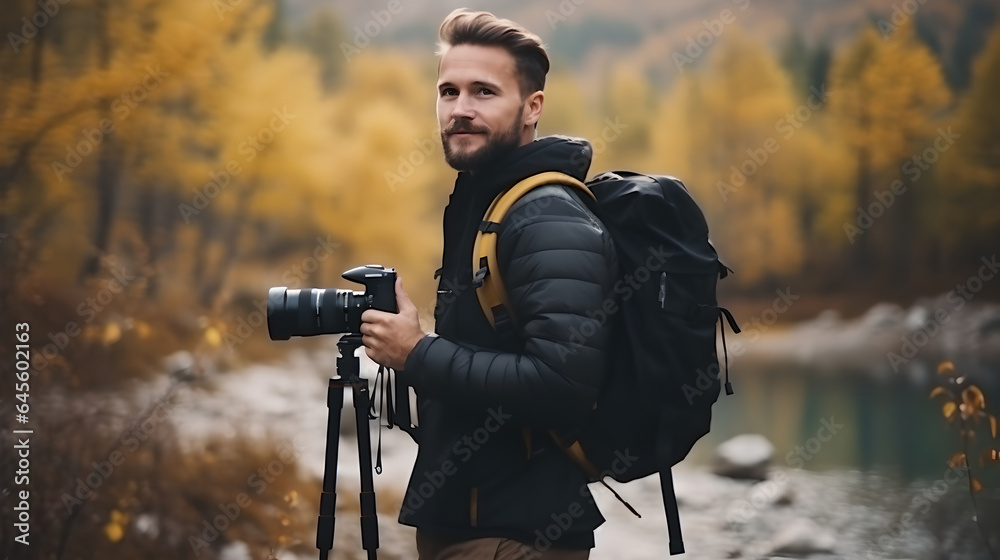 Young man holding modern camera outdoor. Young man using DSLR camera ...