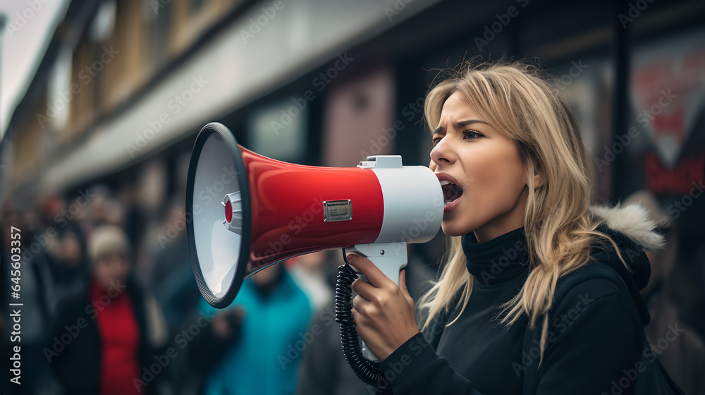 Female activist protesting using megaphone and giving a speech. Young ...