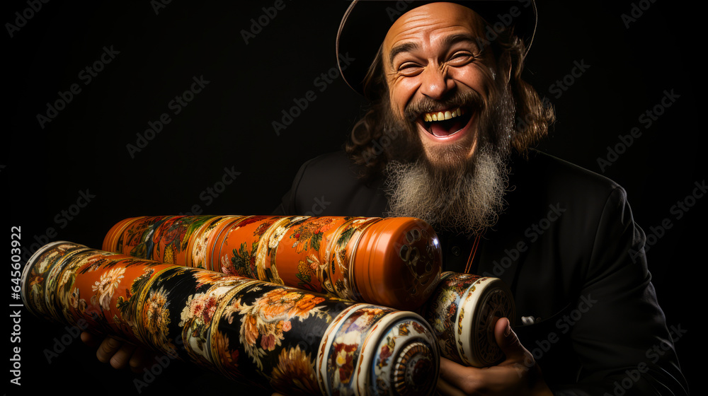 Engaging Rabbi in traditional attire, juggling Torah scrolls with a ...