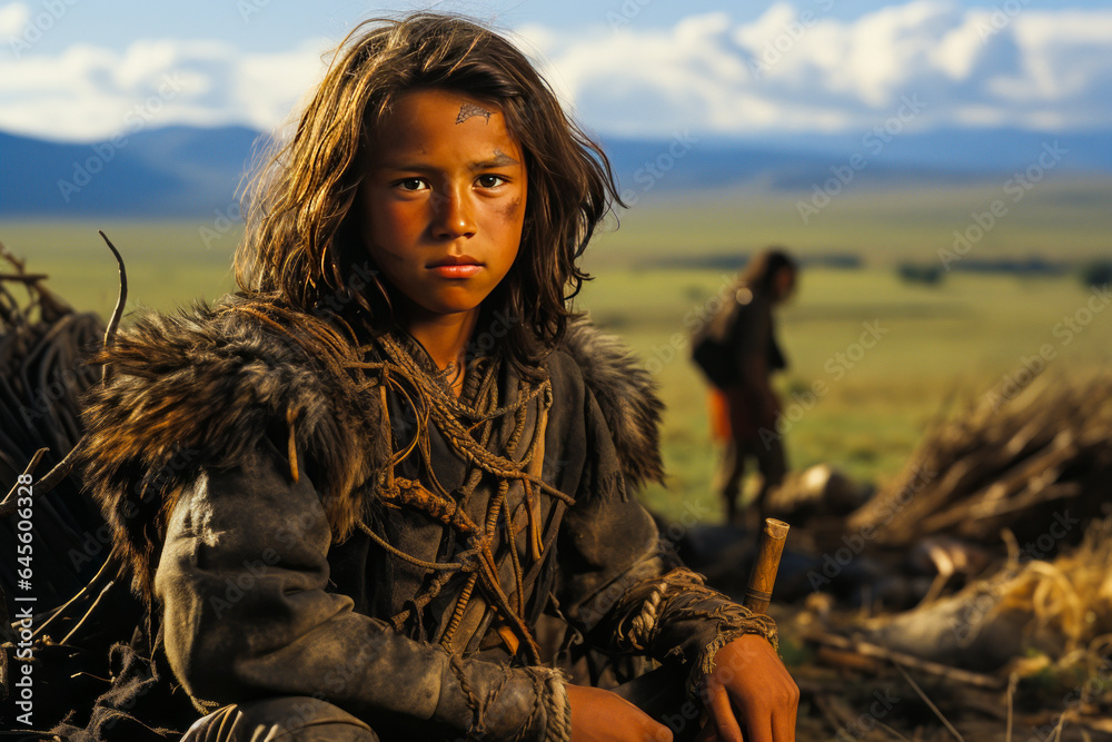 Captivating young Mongolian boy in traditional attire skillfully aiming ...