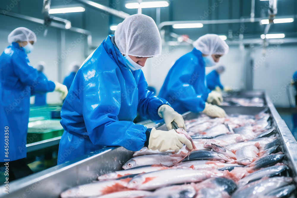 Fish processing plant. Production Line. People sort the fish moving ...
