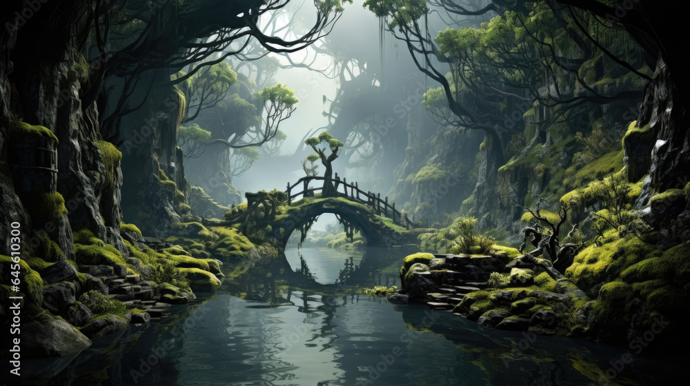 Hyper-realistic depiction of a misty fantasy swamp in spring with ...