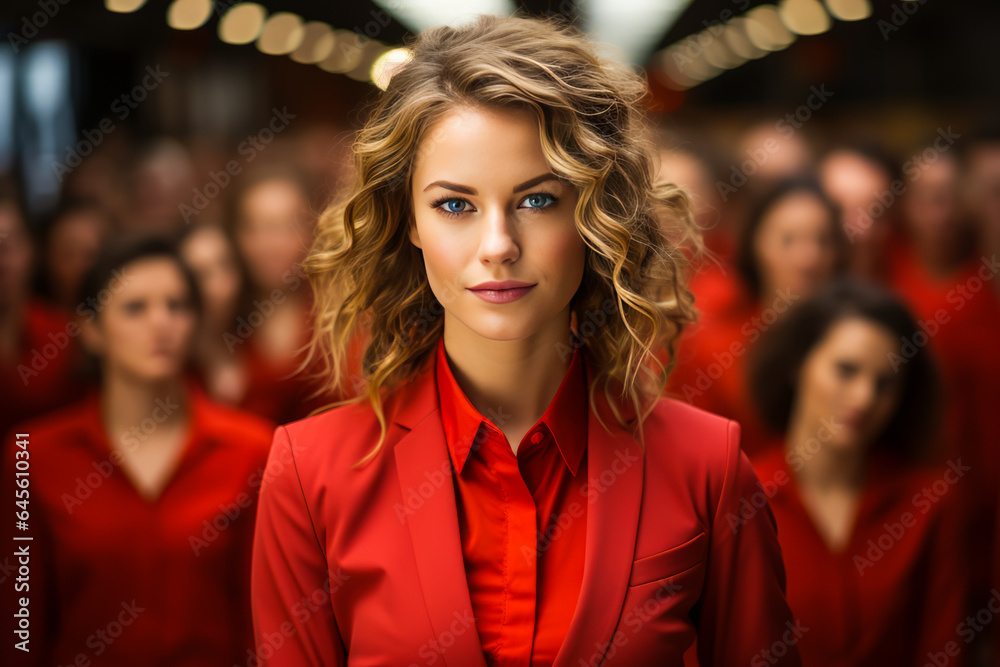 Inspiring scene of a confident woman in red power suit striking a ...