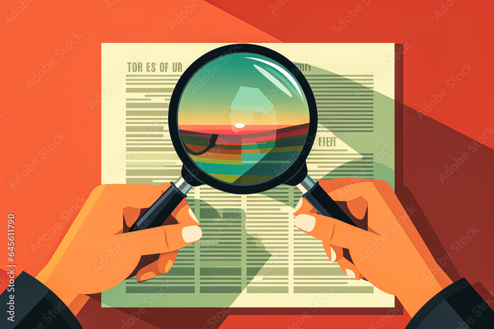 Flat design shows a hand with magnifying glass over newspaper focus on ...