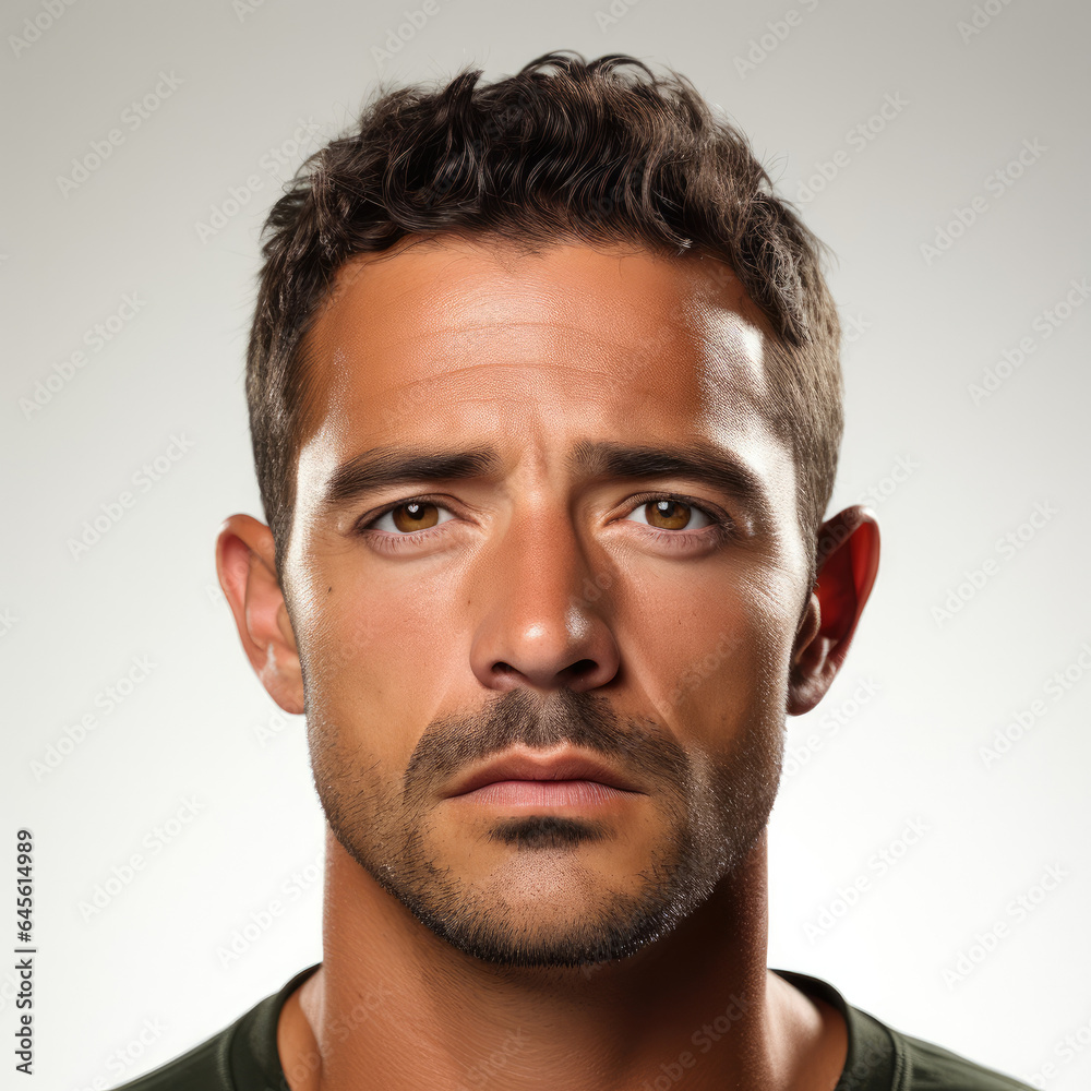 Professional studio head shot of a flustered 36-year-old Latino man ...