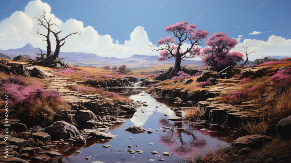 Hyper-realistic fantasy moor with purple landscape and rocky pathways ...
